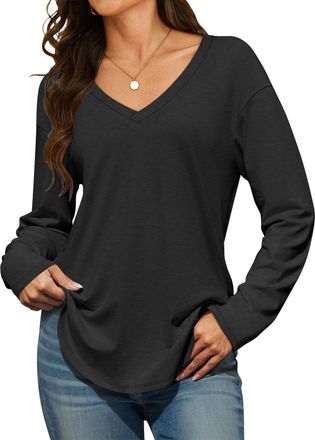 Onsoyours Damen Tiefer V-Ausschnitt Tshirt Langarm Tunika Herbst Winter Oberteile Casual Longshirt Basic Tops A Schwarz XXL