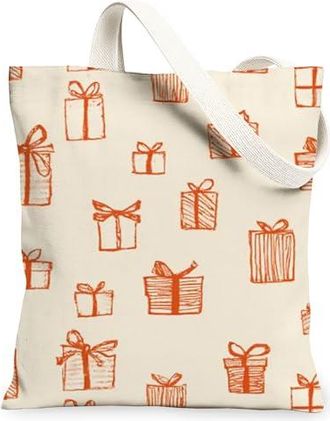 Generic Sac fourre-tout en toile &agrave; motif de bo&icirc;te cadeau, sacs de courses r&eacute;utilisables, l&eacute;gers et lavables, beige, 13x15 Inch