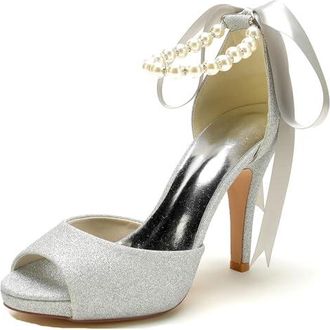 Minitoo Chaussures de mariage &agrave; plateforme pour femme - Sandales de soir&eacute;e formelles avec ruban BR102, Talon argent&eacute; Br102 de 10 cm, 36.5 EU