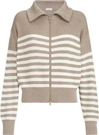 Brunello Cucinelli Sparkling Cotton Striped English Rib Cardigan With Zipper And Monili