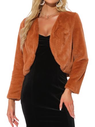 Allegra K Damen Langarm Kurze Jacke Kunstpelz Offen Front Crop Fell Hochzeits Braut Winterjacke Karamell XL