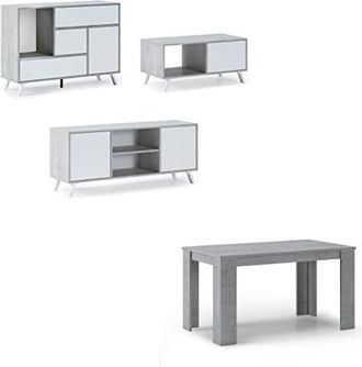 Skraut Home | Ensemble Wind| Salle &agrave; Manger| Buffet-Meuble TV-Table Centrale-Table Fixe | Finition Couleur Ciment/Blanc
