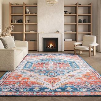 Safavieh Traditionell Teppich f&uuml;r Rug Ideal f&uuml;r stark frequentierte Bereiche - Maschinenwaschbar und rutschfest - Tucson Collection, Kurzer Flor, in K&ouml;nigsblau