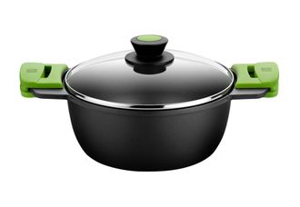 Bra Prior | Hoher Kochtopf mit Glasdeckel und Silikongriffen, 28 cm, Schwarz