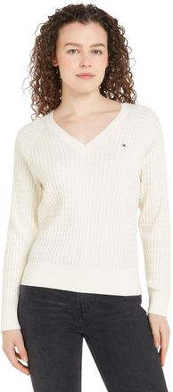 Tommy Hilfiger Damen Pullover Cable Sweater mit V-Ausschnitt, Elfenbein (Ivory Petal), XL