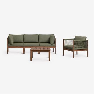 Sklum Garten-Set mit 3-teiliger modularer Sofagarnitur mit Armlehnen, Sessel und Couchtisch aus Akazienholz Branson Tiefes Gr&uuml;n Olive Akazienbraun