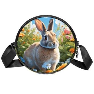 Generic Petit sac &agrave; bandouli&egrave;re circulaire pour femme, motif floral, lapin, sac &agrave; dos &agrave; bandouli&egrave;re avec fermeture &eacute;clair, bretelles r&eacute;glables, sac &agrave; main ron