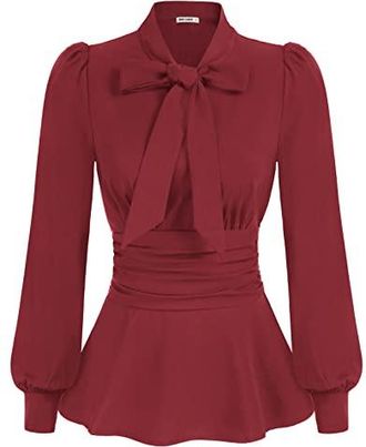 Grace Karin Femmes Chemisier Taille Définie Bureau Manches Longues Bouffantes Noeud Papillon Décoré Haut Élégantc