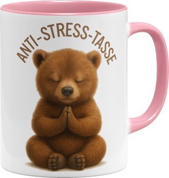 OM3 B&auml;rchen Anti-Stress Kaffee-Tasse - S&uuml;&szlig;e B&auml;r Keramiktasse mit Namaste Motiv - Keramik Becher - 325ml - Beidseitig Bedruckt - Rosa