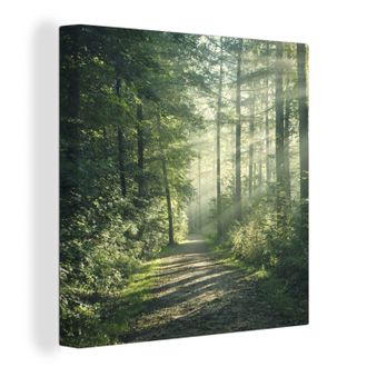 MuchoWow Leinwand Bilder, Einzigartige Wanddeko mit Rahmen, Wald - Weg - Sonne - Bäume - Grün - Natur, Wandbilder Wohnzimmer, Deko Schlafzimmer 90x90 cm