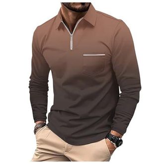 Generic Polo &agrave; manches longues pour homme Patchwork Revers T-shirt d&eacute;contract&eacute; Chemises de vacances Tops, caf&eacute;, XXL