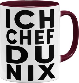 OM3 Ich Chef Du Nix Kaffee-Tasse mit Spruch - Lustige Statement Keramiktasse f&uuml;r B&uuml;ro & Alltag - Keramik Becher - 325ml - Beidseitig Bedruckt - Bordeaux