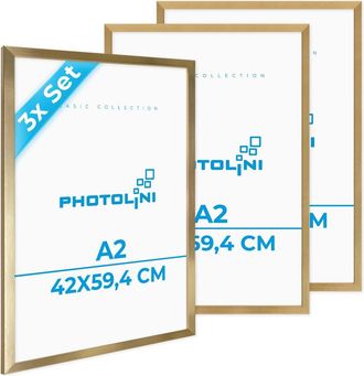 Photolini Bilderrahmen A2 Holz MDF Gold, 3er Set Picture Frame Rahmen 42x59,4 mit bruchsicherem Acrylglas, DIN A2 Bilderrahmen 42x60 zum Aufhängen, mit Zubehör 