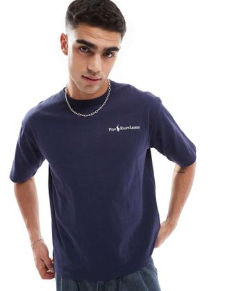 Polo Ralph Lauren Schweres T-Shirt mit lockerem Schnitt in Marineblau mit Polospieler-Logoschriftzug