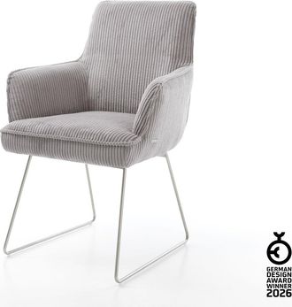 DELIFE Esszimmerstuhl Heira-Flex mit Armlehnen Cord Silbergrau Kufengestell Edelstahl Taschenfederkern, Esszimmerst&uuml;hle