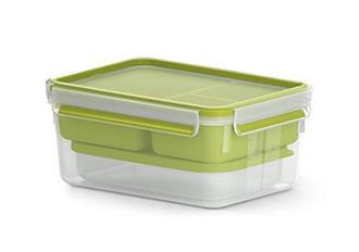 Emsa Clip & Go Lunchbox, 2,2 L, Brotdose mit 3 Einsätzen, 100 Prozent dicht, mit Frischedichtung, Transparent, Hellgrün, Made in Germany, N10716