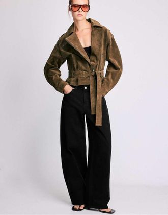 Stradivarius Bikerjacke aus Leder in Braun