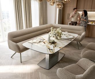 DELIFE Esszimmerbank Taya-Flex 285x190 cm Boucl&eacute; Schlamm Kreuzgestell kantig Effektfinish Titan Taschenfederkern Links, B&auml;nke