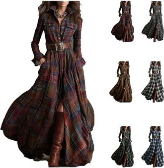 Generic Robe chemise &agrave; carreaux maxi, robe chemise maxi pour femmes &agrave; manches longues boutonn&eacute;e sur le devant, robes maxi &agrave; carreaux col en V boutonn&eacute;e fendue