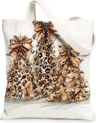 Generic Sacs fourre-tout en toile motif l&eacute;opard de No&euml;l, sacs d&eacute;picerie r&eacute;utilisables, l&eacute;gers et lavables pour lhiver pour les voyages, beige, 13x15 Inch