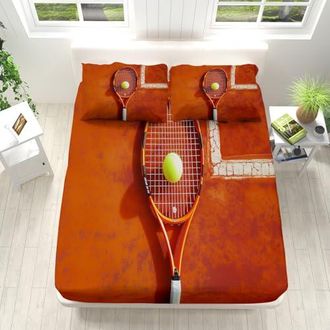 Generic Drap-Housse Imprimé 3D Tennis sur Terre Battue Parure De Lit Drap Imprimé 90x200cm avec Deux Taies doreiller 65x65cm Couleur Orange Poche de 30 cm de 