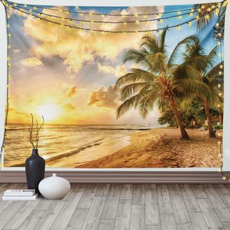 Abakuhaus Tropisch Wandteppich, Exotische Sandy Beach aus Weiches Mikrofaser Stoff Waschbar ohne Verblassen Digitaldruck, 150 x 110 cm, Creme Blau