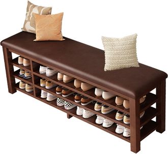 Generic Schuhregalbank, kleine Eingangsaufbewahrung aus Holz mit Kissen, Sitzbank aus Massivholz für den Eingangsbereich, Schrank-Organizer für den Flur braun