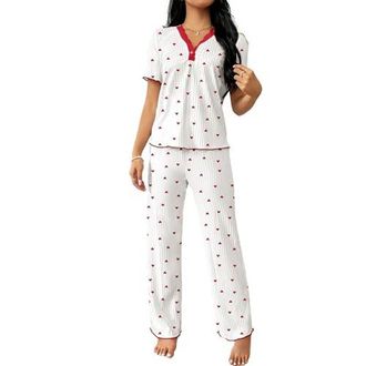 Generic Pyjama Femme Deux Pièces Col V Dentelle Ensemble Détente Haut Manches Courtes Boutonné Motif Coeur Ensemble Nuit Tendance