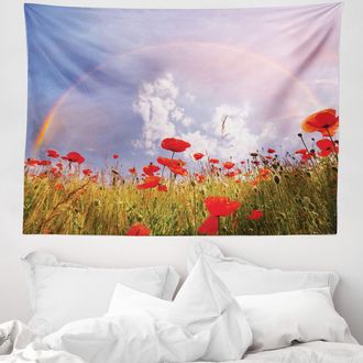 Abakuhaus Mohnblume Wandteppich, Wiese mit Mohnblumen und Regenbogen Reflexion in Air Sky Happiness Konzept, aus Weiches Mikrofaser Stoff Wand Dekoration Für Sc