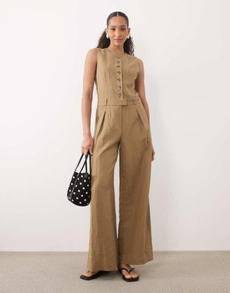 Mango Eleganter Jumpsuit in hellem Khaki mit Knopfleiste-Gr&uuml;n