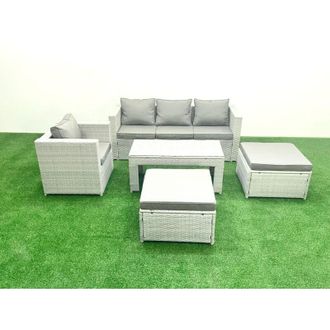 Fimous Fimous Polyrattan Gartenm&ouml;belset mit Graue Kissen 6-Sitzer mit 2 hohen Hockern und Couchtisch