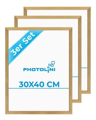 Photolini Bilderrahmen 30x40 Holz MDF Gold, 3er Set Bilderrahmen 40x30 cm, Picture Frame mit bruchsicherem Acrylglas, Rahmen 30 x 40 zum Aufh&auml;ngen, extra Zubeh&ouml;