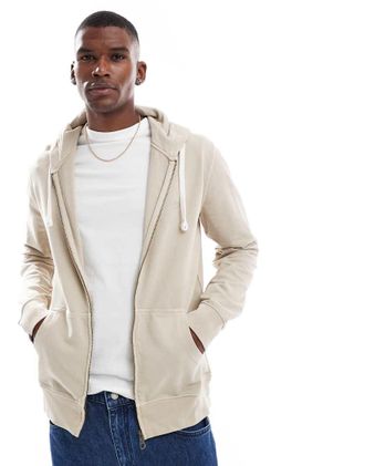 Superdry Klassische Basic-Kapuzenjacke in Hellbeige mit Rei&szlig;verschluss-Neutral