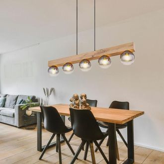 Globo Lighting Pendelleuchte Hängelampe Wohnzimmerleuchte Glaskugeln Pendellampe schwarz Holzoptik, 5 flammig, Metall mdf, 5x E27 Fassungen, LxBxH 115x15x120 cm