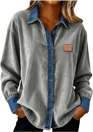 Generic Chemises en velours c&ocirc;tel&eacute; pour femme - Style d&eacute;contract&eacute; - Col patchwork - En velours c&ocirc;tel&eacute; - Pour le printemps - Patchwork - Boutons en denim, gris