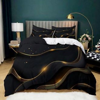 Generic Housse de Couette Lignes Dor&eacute;es 180 x 200 cm, Parure de Lit Noir 2 Personnes - House de Couette Microfibre avec Fermeture Eclair et 2 Taies doreiller 