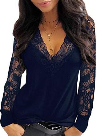 ORANDESIGNE Bleu Foncé Chemisier Sexy Femme Tunique Haut Manches Longues Évidé Top Automne Blouse Dentelle Chemisier Col V T-Shirt Chic Bleu Foncé XXL