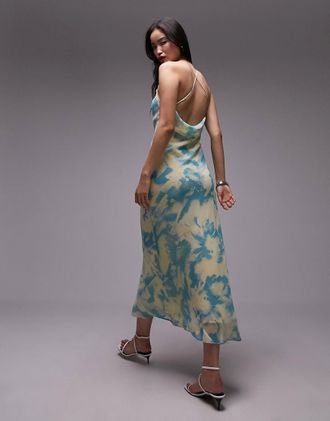 Topshop Midi-Tr&auml;gerkleid zum Reinschl&uuml;pfen aus Georgette-Stoff mit gr&uuml;nem Muster