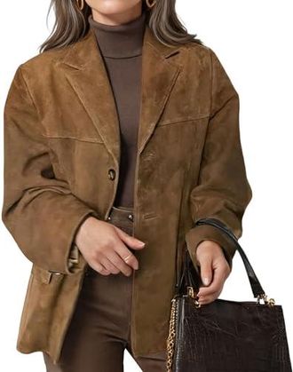 Generic Veste blazer en daim synth&eacute;tique pour femme avec revers crant&eacute; simple boutonnage en cuir, marron, XXL