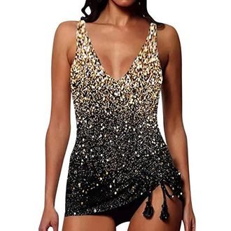 Generic Maillot de bain tankini imprim&eacute; push-up pour femme - Taille haute - Deux pi&egrave;ces - Style vintage - V&ecirc;tements de natation, Noir, XXL