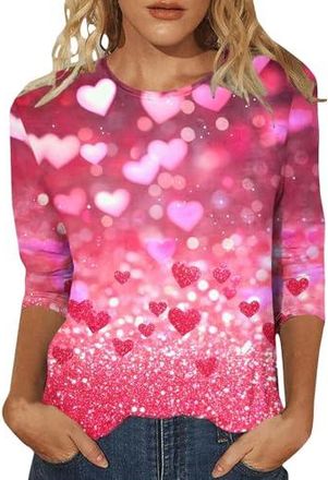 Generic T-shirt tendance &agrave; manches 3/4 pour femme avec imprim&eacute; coeur et &eacute;l&eacute;gant pour la Saint-Valentin 2026, rose, XXL