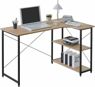 Woltu Woltu - Table de bureau 120x74x71,5cm en bois et acier, Bureau dordinateur, Bureau informatique avec &eacute;tag&egrave;re, Noir+ch&ecirc;ne clair