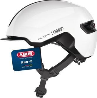 ABUS Urban Helm HUD-Y - mit magnetischem, aufladbarem LED-R&uuml;cklicht & Magnetverschluss - cooler Fahrradhelm f&uuml;r den Alltag - Damen und Herren - Wei&szlig; Gl&auml;nze