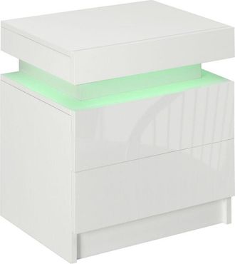 HOMCOM Table de chevet led 2 tiroirs blanc laqué