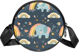 Generic Petit sac &agrave; bandouli&egrave;re rond pour femme, motif &eacute;l&eacute;phants, arc-en-ciel, avec fermeture &eacute;clair, bretelles r&eacute;glables, sac &agrave; main rond d&eacute;contract&eacute; pour fe