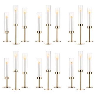 Nuptio Nuptio Chandelier Ouragan Métal Or - 18 Pièces Chandeliers À Bougies Coniques Pack Supports, Abat-Jour Ouragan Verre Transparent Bougies Coniques Mode