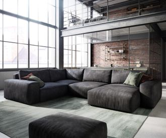 DELIFE Wohnlandschaft Lanzo 300x210 cm Lederimitat Vintage Anthrazit Recamiere variabel mit Hocker, Wohnlandschaften