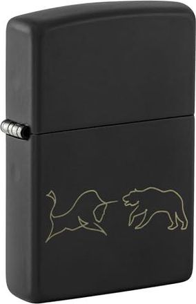 Zippo Sturmfeuerzeug - Bull and Bear, Black Matte, Laser Engrave - Nachfüllbar - Wiederverwendbar - Windfestes Design - Geschenkbox - Made in USA
