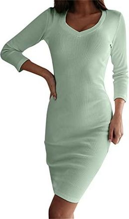 Generic Robe amincissante d&eacute;contract&eacute;e &agrave; manches longues et col en V c&ocirc;tel&eacute;e pour femmes, coupe ajust&eacute;e, couleur unie, mini robe de f&ecirc;te 2026, Vert, 3XL