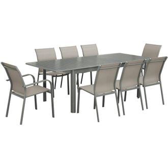 Sweeek Sweeek - Table de jardin extensible aluminium et textil&egrave;ne kaki, 6 chaises, 2 fauteuils, 8 places, 236,5 x 100 x 75 cm